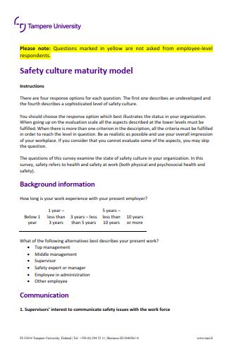 Safety Culture Maturity Analysis | SafePotential Toolbox | Tampere ...